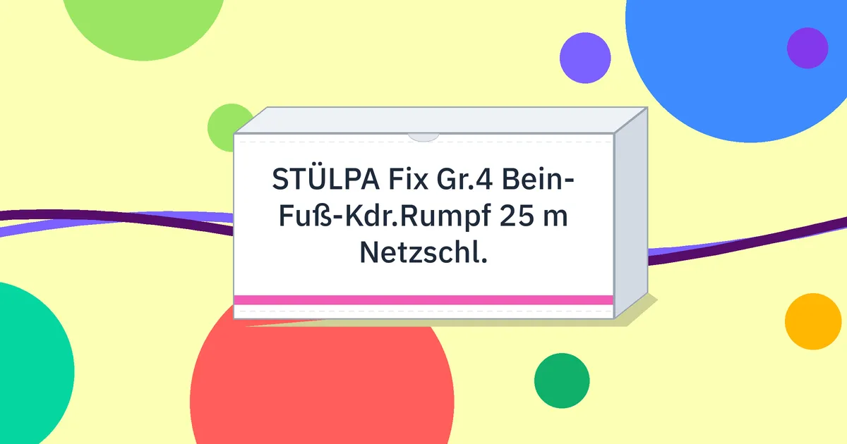 Symbolbild: Packung mit der Aufschrift STÜLPA Fix Gr.4 Bein-Fuß-Kdr.Rumpf 25 m Netzschl. (PZN 18769244) – Verfügbarkeit und Bezug in Apotheken in Frankfurt am Main