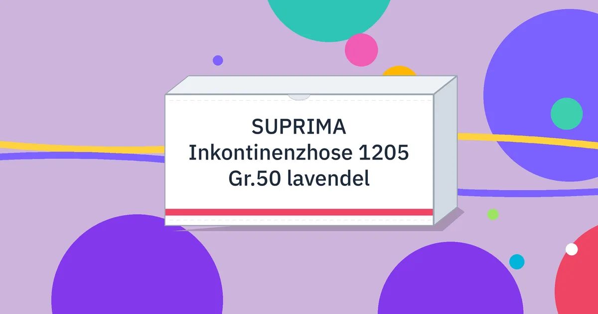 Symbolbild: Packung mit der Aufschrift SUPRIMA Inkontinenzhose 1205 Gr.50 lavendel (PZN 01634296) – Verfügbarkeit und Bezug in Apotheken in Frankfurt am Main