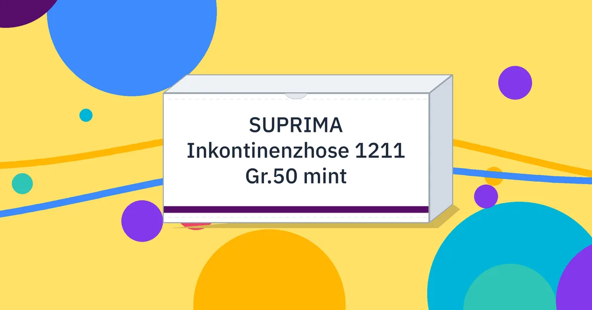 Symbolbild: Packung mit der Aufschrift SUPRIMA Inkontinenzhose 1211 Gr.50 mint (PZN 07632967) – Verfügbarkeit und Bezug in Apotheken in Frankfurt am Main