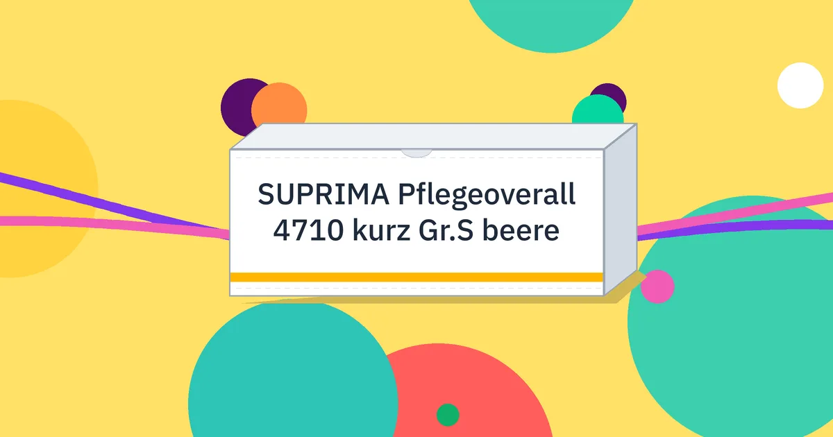 Symbolbild: Packung mit der Aufschrift SUPRIMA Pflegeoverall 4710 kurz Gr.S beere (PZN 05397522) – Verfügbarkeit und Bezug in Apotheken in Frankfurt am Main