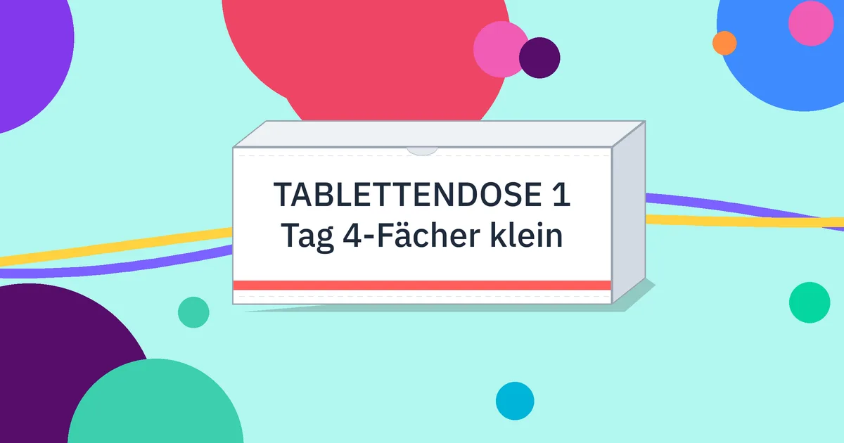 Symbolbild: Packung mit der Aufschrift TABLETTENDOSE 1 Tag 4-Fächer klein (PZN 06566636) – Verfügbarkeit und Bezug in Apotheken in Frankfurt am Main