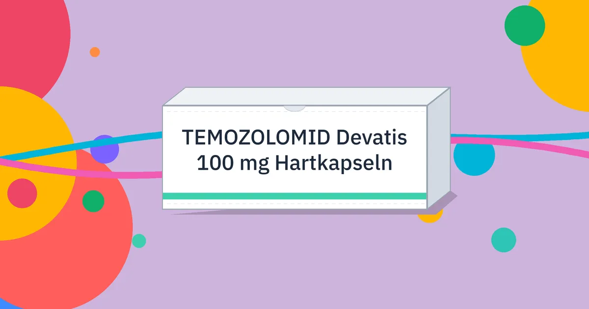 Symbolbild: Packung mit der Aufschrift TEMOZOLOMID Devatis 100 mg Hartkapseln (PZN 17981887) – Verfügbarkeit und Bezug in Apotheken in Frankfurt am Main