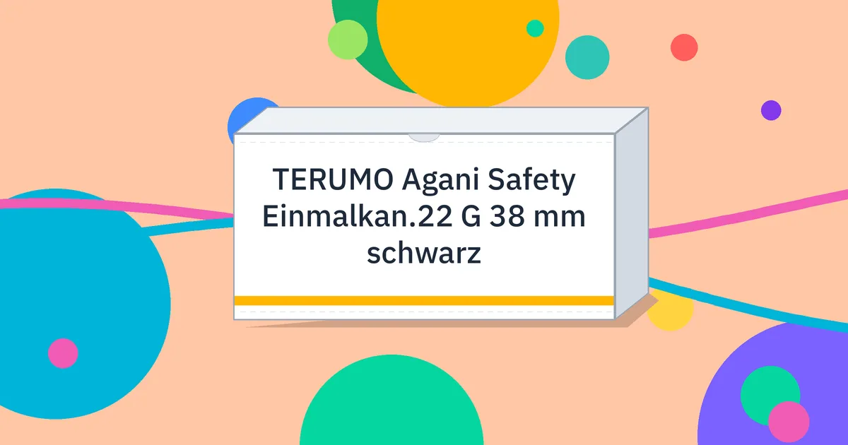 Symbolbild: Packung mit der Aufschrift TERUMO Agani Safety Einmalkan.22 G 38 mm schwarz (PZN 18201880) – Verfügbarkeit und Bezug in Apotheken in Frankfurt am Main