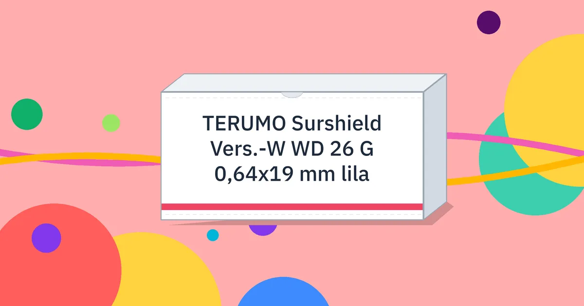 Symbolbild: Packung mit der Aufschrift TERUMO Surshield Vers.-W WD 26 G 0,64x19 mm lila (PZN 17630774) – Verfügbarkeit und Bezug in Apotheken in Frankfurt am Main