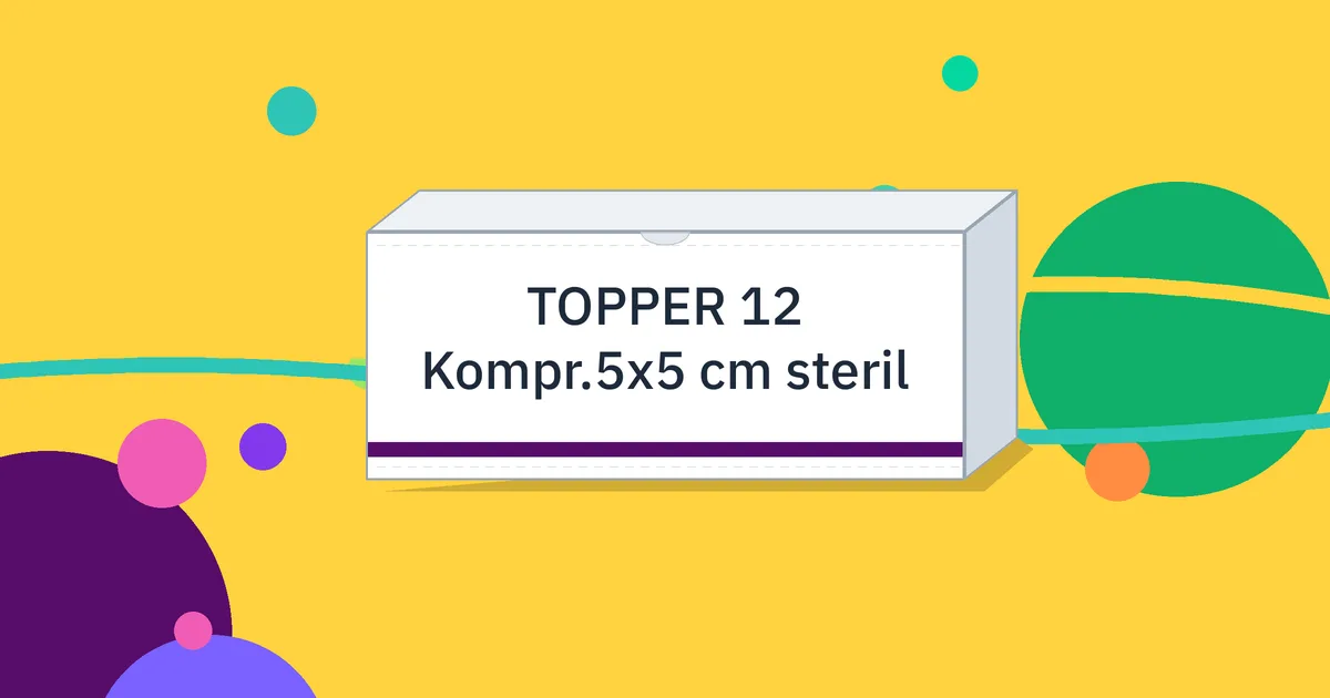 Symbolbild: Packung mit der Aufschrift TOPPER 12 Kompr.5x5 cm steril (PZN 08821280) – Verfügbarkeit und Bezug in Apotheken in Frankfurt am Main