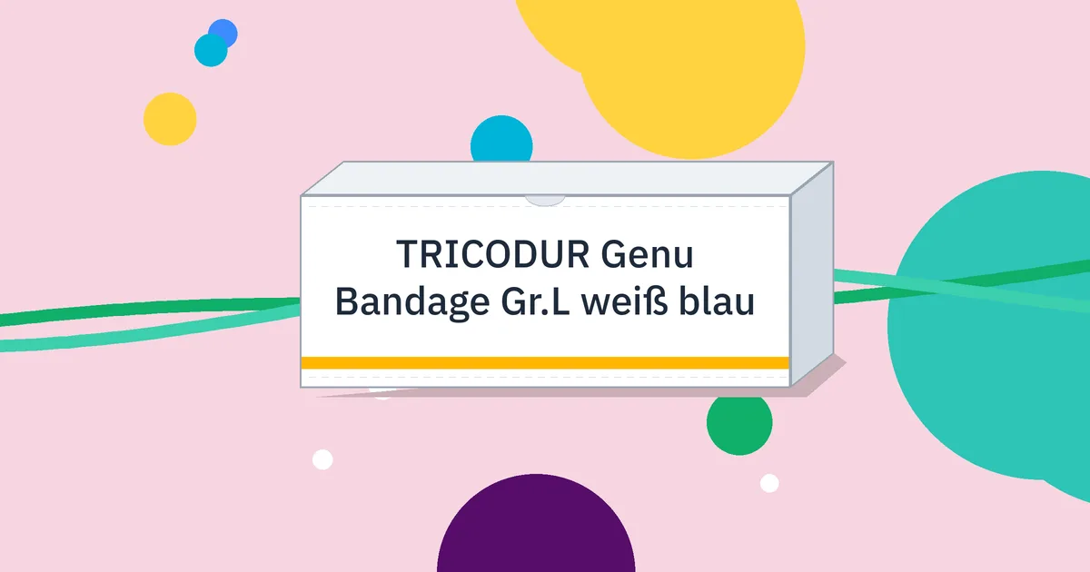 Symbolbild: Packung mit der Aufschrift TRICODUR Genu Bandage Gr.L weiß blau (PZN 03094088) – Verfügbarkeit und Bezug in Apotheken in Frankfurt am Main