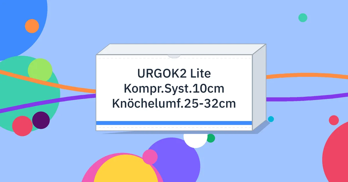 Symbolbild: Packung mit der Aufschrift URGOK2 Lite Kompr.Syst.10cm Knöchelumf.25-32cm (PZN 08464153) – Verfügbarkeit und Bezug in Apotheken in Frankfurt am Main