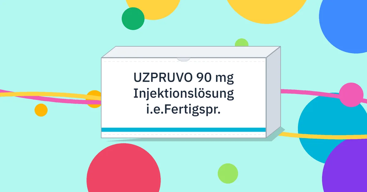 Symbolbild: Packung mit der Aufschrift UZPRUVO 90 mg Injektionslösung i.e.Fertigspr. (PZN 19465782) – Verfügbarkeit und Bezug in Apotheken in Frankfurt am Main