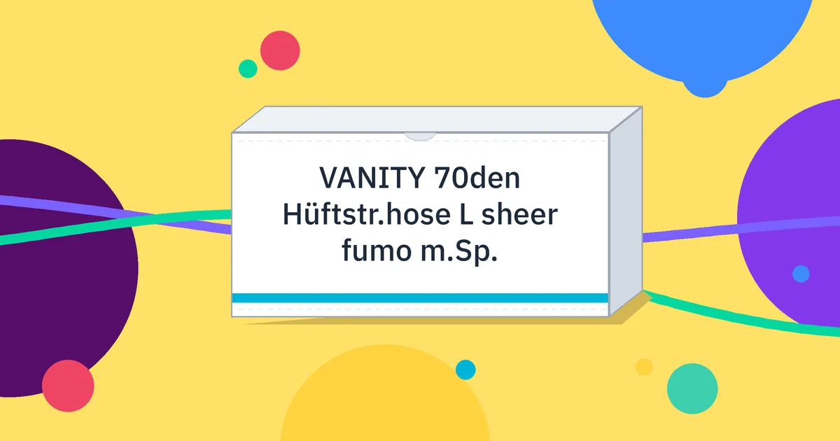 Symbolbild: Packung mit der Aufschrift VANITY 70den Hüftstr.hose L sheer fumo m.Sp. (PZN 16188543) – Verfügbarkeit und Bezug in Apotheken in Frankfurt am Main