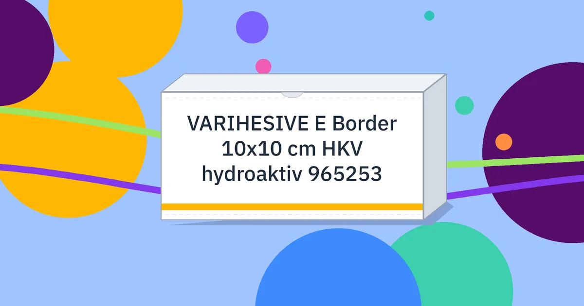 Symbolbild: Packung mit der Aufschrift VARIHESIVE E Border 10x10 cm HKV hydroaktiv 965253 (PZN 00001442) – Verfügbarkeit und Bezug in Apotheken in Frankfurt am Main