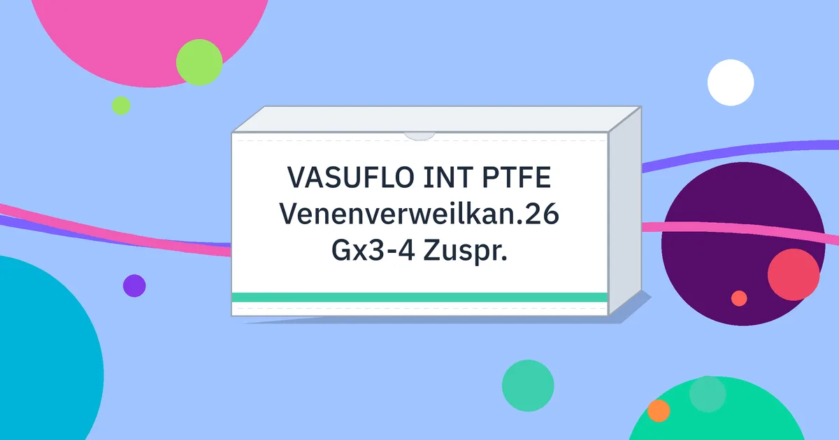 Symbolbild: Packung mit der Aufschrift VASUFLO INT PTFE Venenverweilkan.26 Gx3-4 Zuspr. (PZN 18387123) – Verfügbarkeit und Bezug in Apotheken in Frankfurt am Main