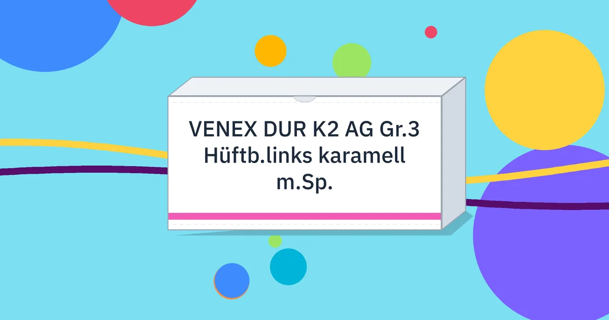 Symbolbild: Packung mit der Aufschrift VENEX DUR K2 AG Gr.3 Hüftb.links karamell m.Sp. (PZN 13761344) – Verfügbarkeit und Bezug in Apotheken in Frankfurt am Main