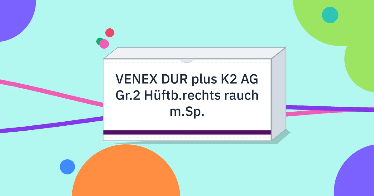 Symbolbild: Packung mit der Aufschrift VENEX DUR plus K2 AG Gr.2 Hüftb.rechts rauch m.Sp. (PZN 03237613) – Verfügbarkeit und Bezug in Apotheken in Frankfurt am Main