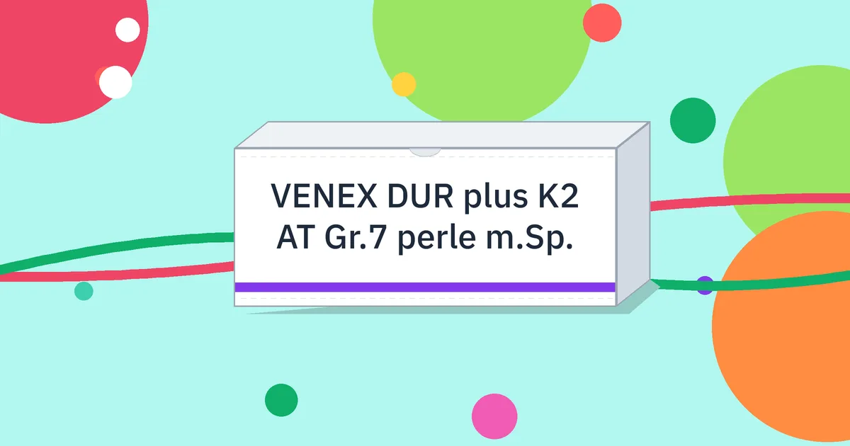 Symbolbild: Packung mit der Aufschrift VENEX DUR plus K2 AT Gr.7 perle m.Sp. (PZN 03234313) – Verfügbarkeit und Bezug in Apotheken in Frankfurt am Main
