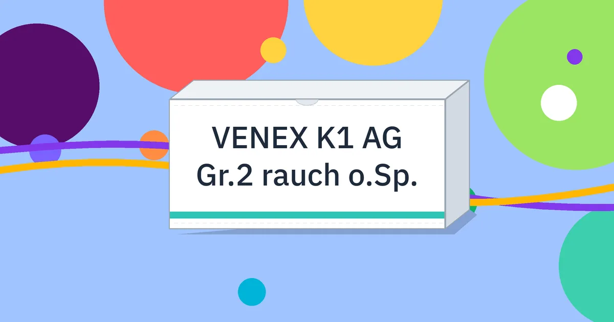 Symbolbild: Packung mit der Aufschrift VENEX K1 AG Gr.2 rauch o.Sp. (PZN 03188151) – Verfügbarkeit und Bezug in Apotheken in Frankfurt am Main