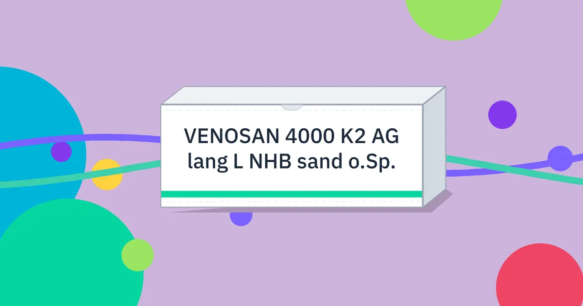 Symbolbild: Packung mit der Aufschrift VENOSAN 4000 K2 AG lang L NHB sand o.Sp. (PZN 14422696) – Verfügbarkeit und Bezug in Apotheken in Frankfurt am Main