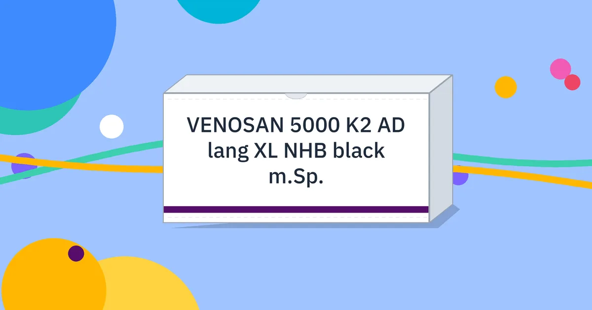 Symbolbild: Packung mit der Aufschrift VENOSAN 5000 K2 AD lang XL NHB black m.Sp. (PZN 14433346) – Verfügbarkeit und Bezug in Apotheken in Frankfurt am Main