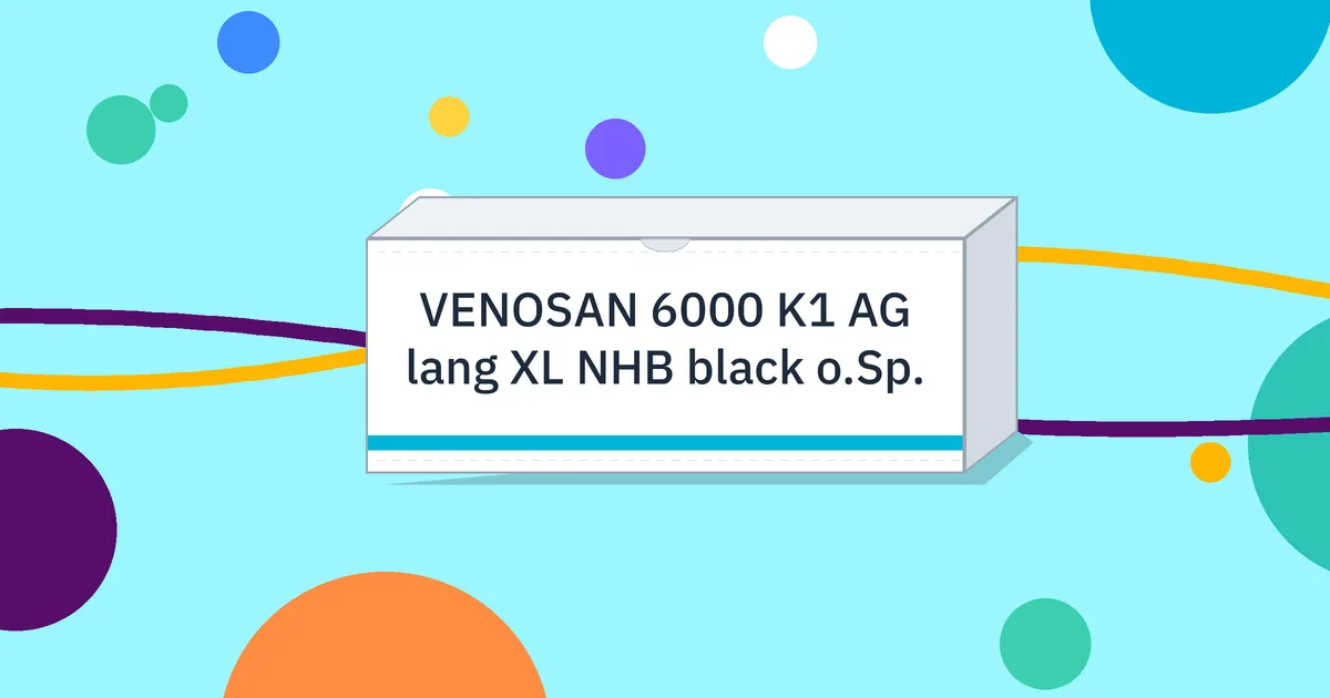 Symbolbild: Packung mit der Aufschrift VENOSAN 6000 K1 AG lang XL NHB black o.Sp. (PZN 17171705) – Verfügbarkeit und Bezug in Apotheken in Frankfurt am Main