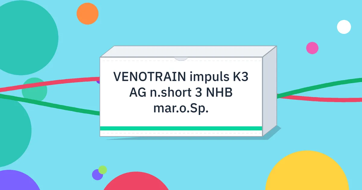 Symbolbild: Packung mit der Aufschrift VENOTRAIN impuls K3 AG n.short 3 NHB mar.o.Sp. (PZN 15215522) – Verfügbarkeit und Bezug in Apotheken in Frankfurt am Main