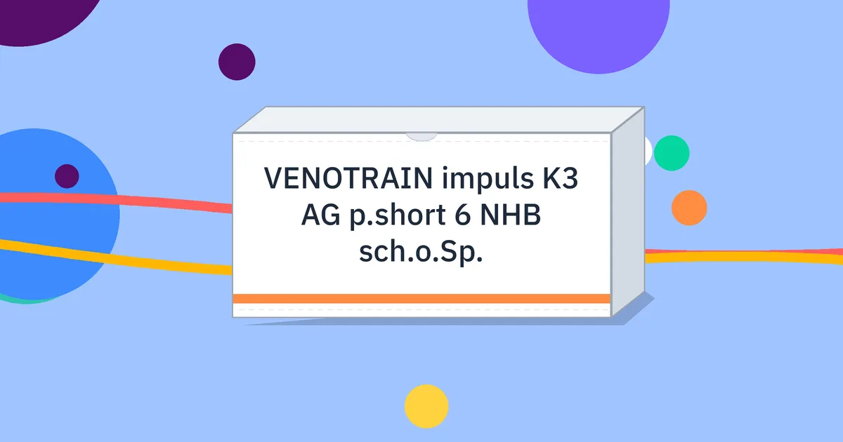 Symbolbild: Packung mit der Aufschrift VENOTRAIN impuls K3 AG p.short 6 NHB sch.o.Sp. (PZN 00542066) – Verfügbarkeit und Bezug in Apotheken in Frankfurt am Main