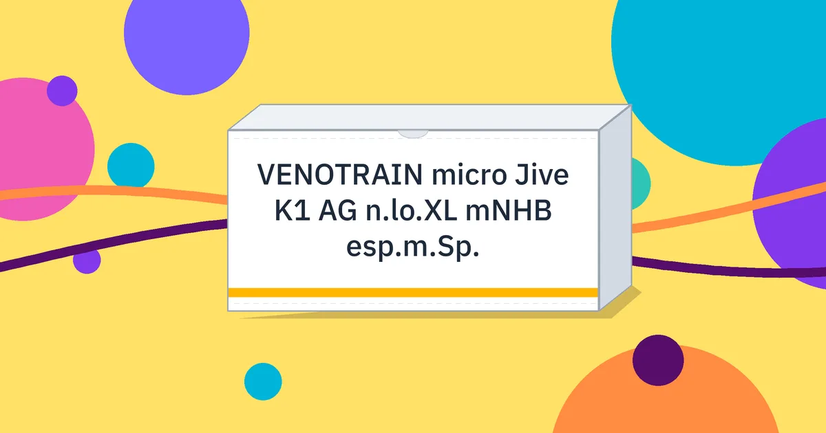 Symbolbild: Packung mit der Aufschrift VENOTRAIN micro Jive K1 AG n.lo.XL mNHB esp.m.Sp. (PZN 17760258) – Verfügbarkeit und Bezug in Apotheken in Frankfurt am Main