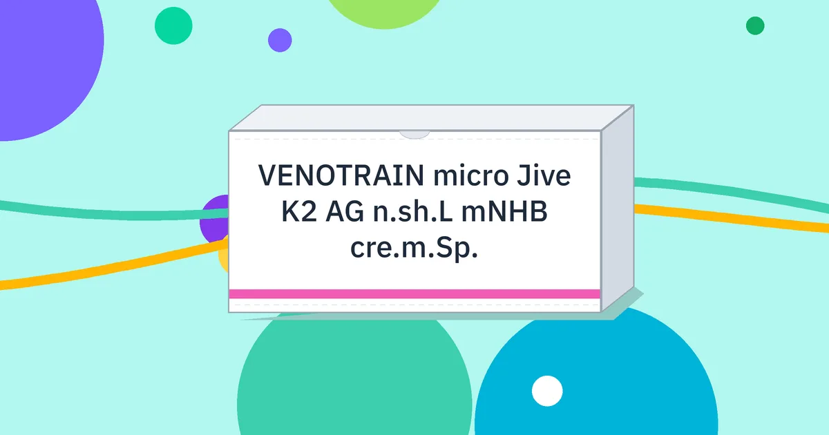 Symbolbild: Packung mit der Aufschrift VENOTRAIN micro Jive K2 AG n.sh.L mNHB cre.m.Sp. (PZN 17758020) – Verfügbarkeit und Bezug in Apotheken in Frankfurt am Main