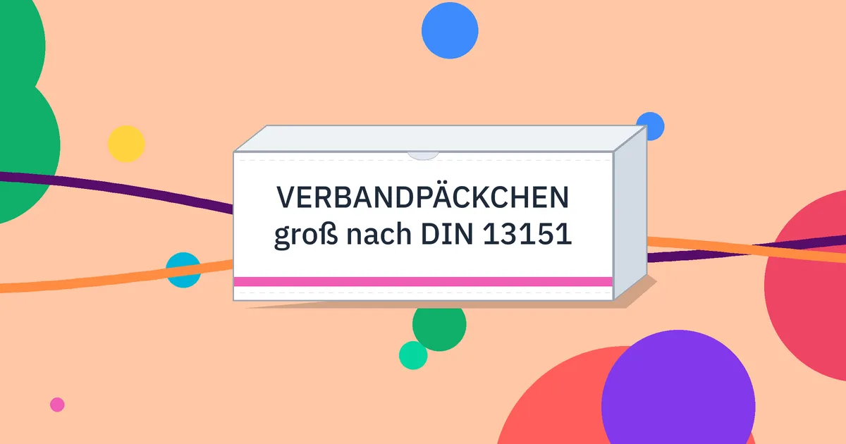Symbolbild: Packung mit der Aufschrift VERBANDPÄCKCHEN groß nach DIN 13151 (PZN 00056093) – Verfügbarkeit und Bezug in Apotheken in Frankfurt am Main