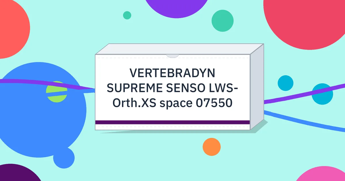 Symbolbild: Packung mit der Aufschrift VERTEBRADYN SUPREME SENSO LWS-Orth.XS space 07550 (PZN 20096002) – Verfügbarkeit und Bezug in Apotheken in Frankfurt am Main