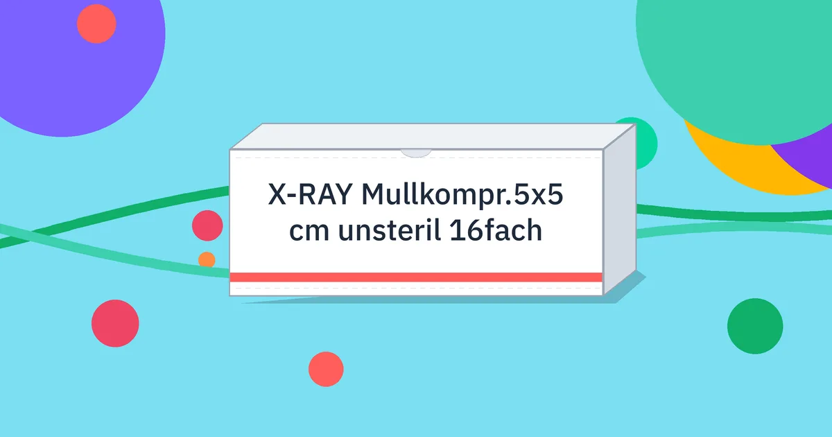 Symbolbild: Packung mit der Aufschrift X-RAY Mullkompr.5x5 cm unsteril 16fach (PZN 07386623) – Verfügbarkeit und Bezug in Apotheken in Frankfurt am Main