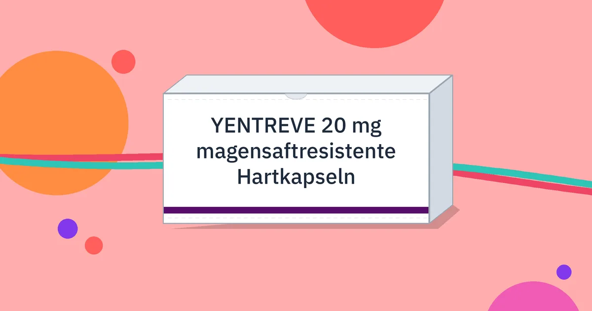 Symbolbild: Packung mit der Aufschrift YENTREVE 20 mg magensaftresistente Hartkapseln (PZN 06734938) – Verfügbarkeit und Bezug in Apotheken in Frankfurt am Main
