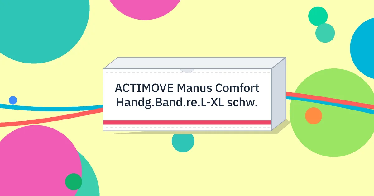 Symbolbild: Packung mit der Aufschrift ACTIMOVE Manus Comfort Handg.Band.re.L-XL schw. (PZN 18002040) – Verfügbarkeit und Bezug in Apotheken in Frankfurt am Main
