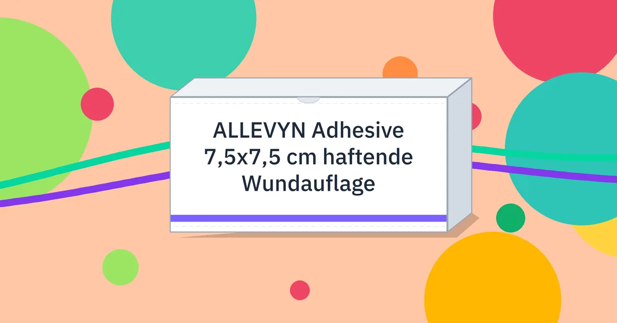 Symbolbild: Packung mit der Aufschrift ALLEVYN Adhesive 7,5x7,5 cm haftende Wundauflage (PZN 17511911) – Verfügbarkeit und Bezug in Apotheken in Frankfurt am Main