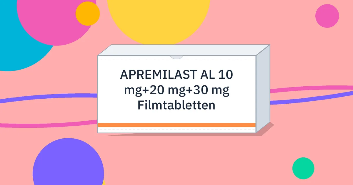Symbolbild: Packung mit der Aufschrift APREMILAST AL 10 mg+20 mg+30 mg Filmtabletten (PZN 19733857) – Verfügbarkeit und Bezug in Apotheken in Frankfurt am Main