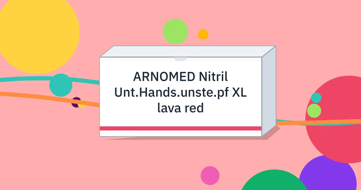 Symbolbild: Packung mit der Aufschrift ARNOMED Nitril Unt.Hands.unste.pf XL lava red (PZN 18136823) – Verfügbarkeit und Bezug in Apotheken in Frankfurt am Main