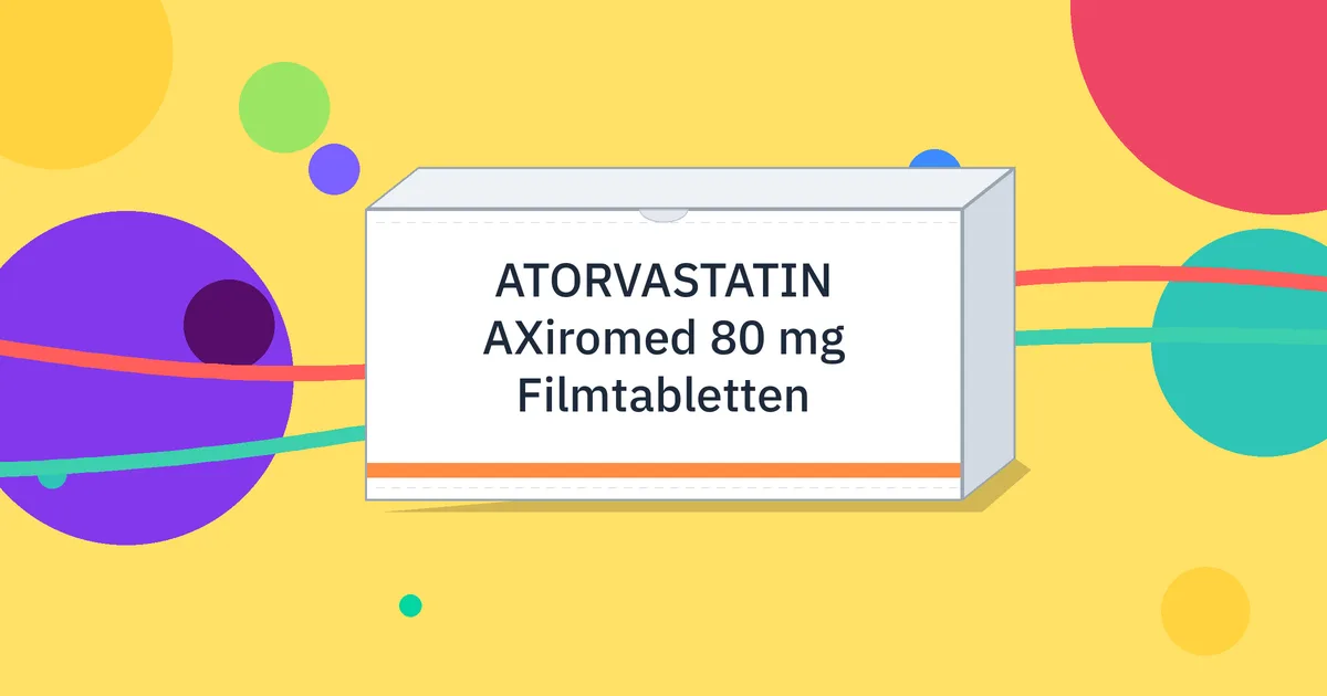 Symbolbild: Packung mit der Aufschrift ATORVASTATIN AXiromed 80 mg Filmtabletten (PZN 13896239) – Verfügbarkeit und Bezug in Apotheken in Frankfurt am Main