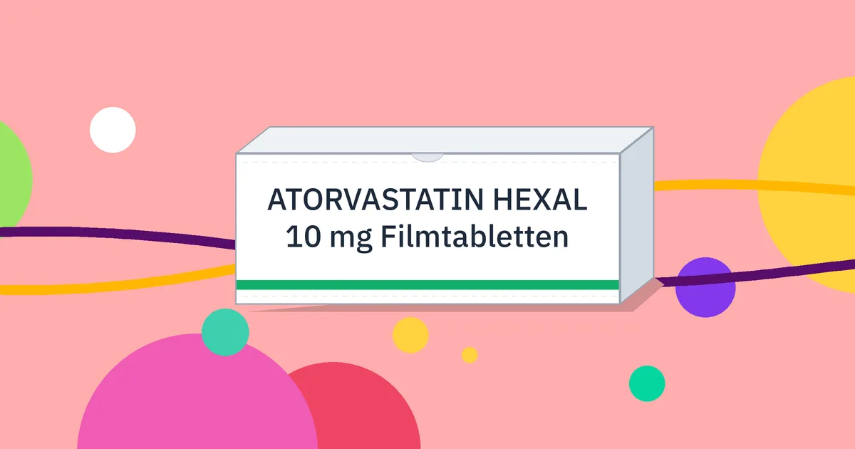 Symbolbild: Packung mit der Aufschrift ATORVASTATIN HEXAL 10 mg Filmtabletten (PZN 09122584) – Verfügbarkeit und Bezug in Apotheken in Frankfurt am Main