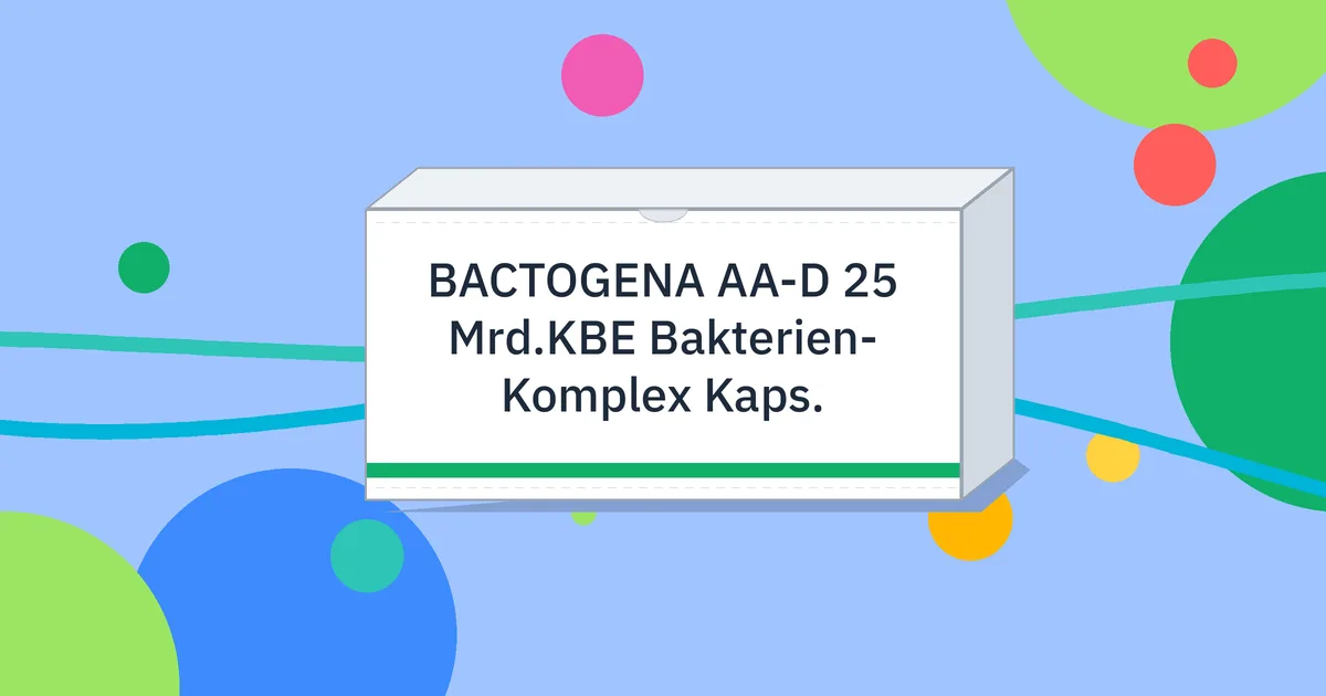 Symbolbild: Packung mit der Aufschrift BACTOGENA AA-D 25 Mrd.KBE Bakterien-Komplex Kaps. (PZN 20540649) – Verfügbarkeit und Bezug in Apotheken in Frankfurt am Main