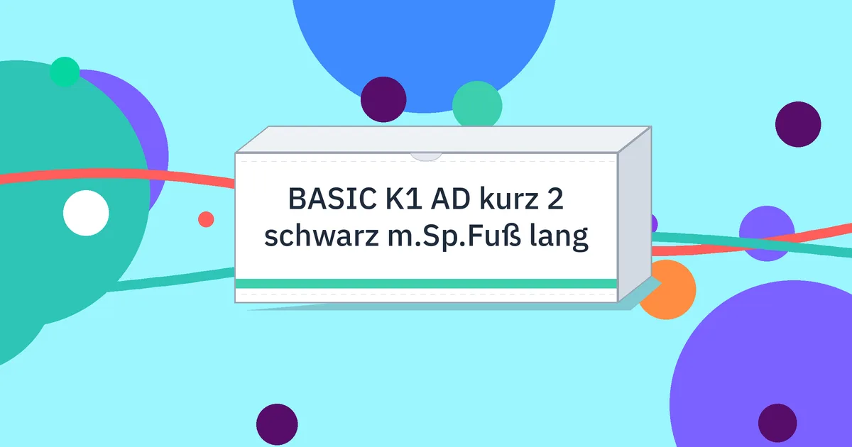 Symbolbild: Packung mit der Aufschrift BASIC K1 AD kurz 2 schwarz m.Sp.Fuß lang (PZN 20257327) – Verfügbarkeit und Bezug in Apotheken in Frankfurt am Main