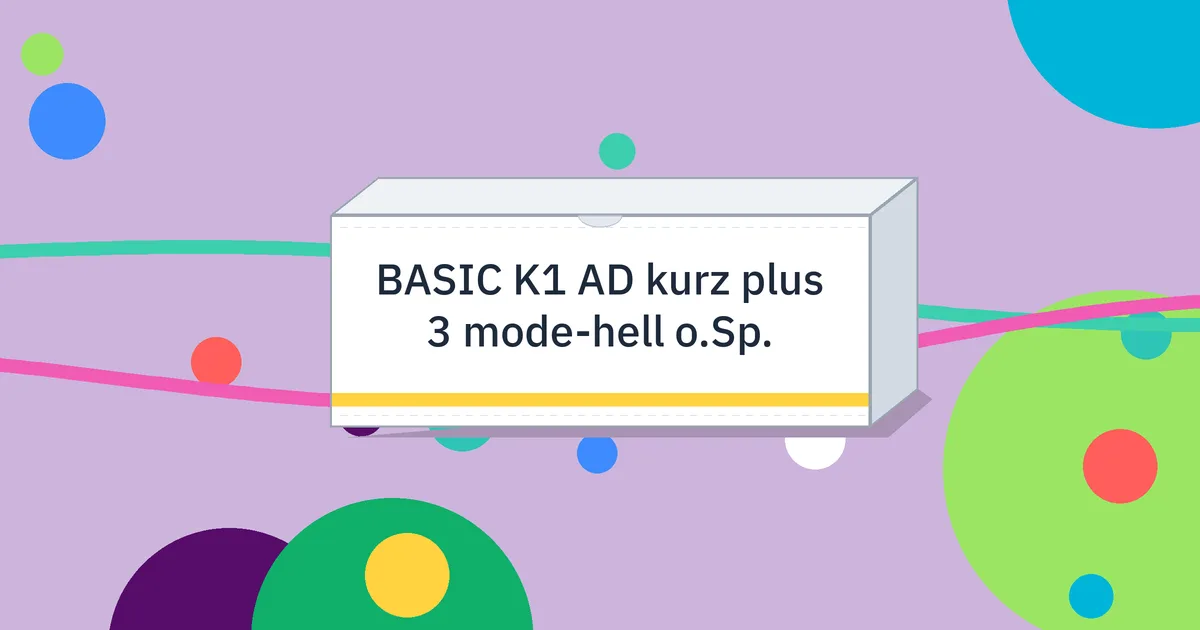 Symbolbild: Packung mit der Aufschrift BASIC K1 AD kurz plus 3 mode-hell o.Sp. (PZN 20257971) – Verfügbarkeit und Bezug in Apotheken in Frankfurt am Main