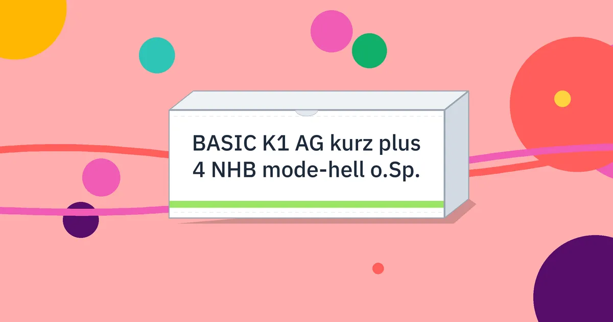 Symbolbild: Packung mit der Aufschrift BASIC K1 AG kurz plus 4 NHB mode-hell o.Sp. (PZN 20260973) – Verfügbarkeit und Bezug in Apotheken in Frankfurt am Main