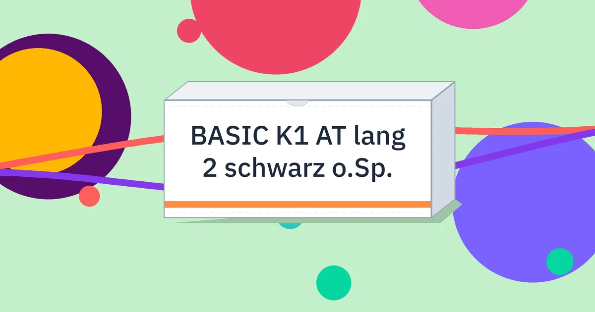 Symbolbild: Packung mit der Aufschrift BASIC K1 AT lang 2 schwarz o.Sp. (PZN 20262274) – Verfügbarkeit und Bezug in Apotheken in Frankfurt am Main
