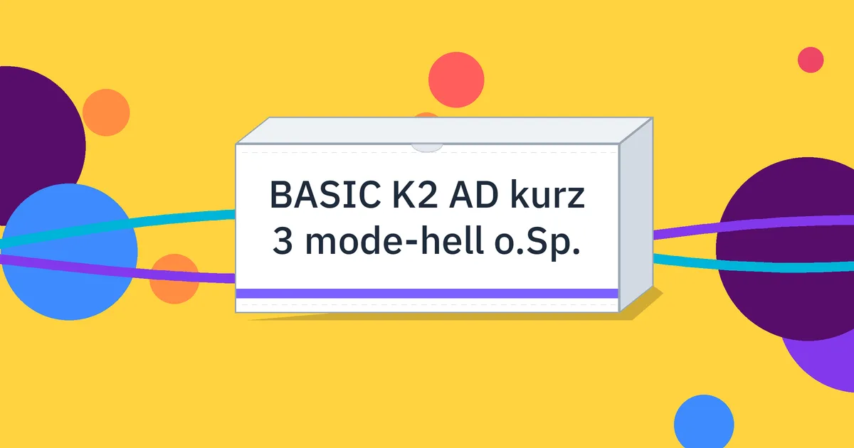 Symbolbild: Packung mit der Aufschrift BASIC K2 AD kurz 3 mode-hell o.Sp. (PZN 20264439) – Verfügbarkeit und Bezug in Apotheken in Frankfurt am Main