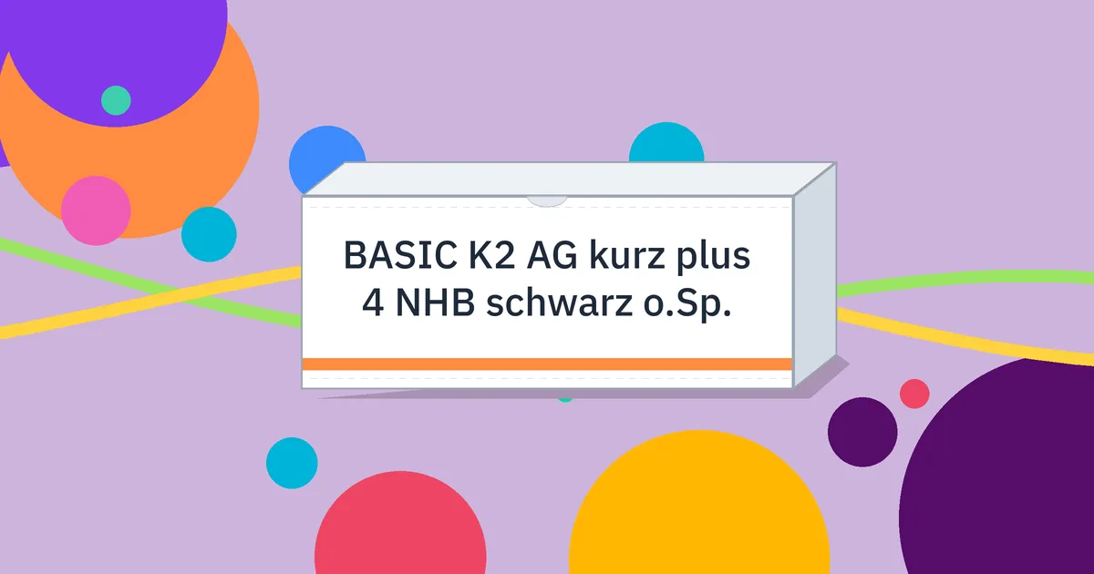 Symbolbild: Packung mit der Aufschrift BASIC K2 AG kurz plus 4 NHB schwarz o.Sp. (PZN 20267478) – Verfügbarkeit und Bezug in Apotheken in Frankfurt am Main