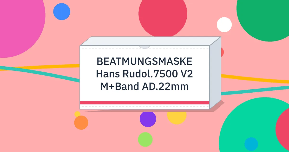Symbolbild: Packung mit der Aufschrift BEATMUNGSMASKE Hans Rudol.7500 V2 M+Band AD.22mm (PZN 17303213) – Verfügbarkeit und Bezug in Apotheken in Frankfurt am Main