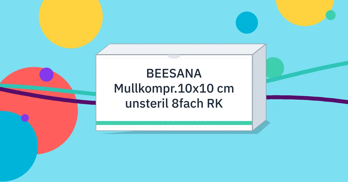 Symbolbild: Packung mit der Aufschrift BEESANA Mullkompr.10x10 cm unsteril 8fach RK (PZN 12348599) – Verfügbarkeit und Bezug in Apotheken in Frankfurt am Main