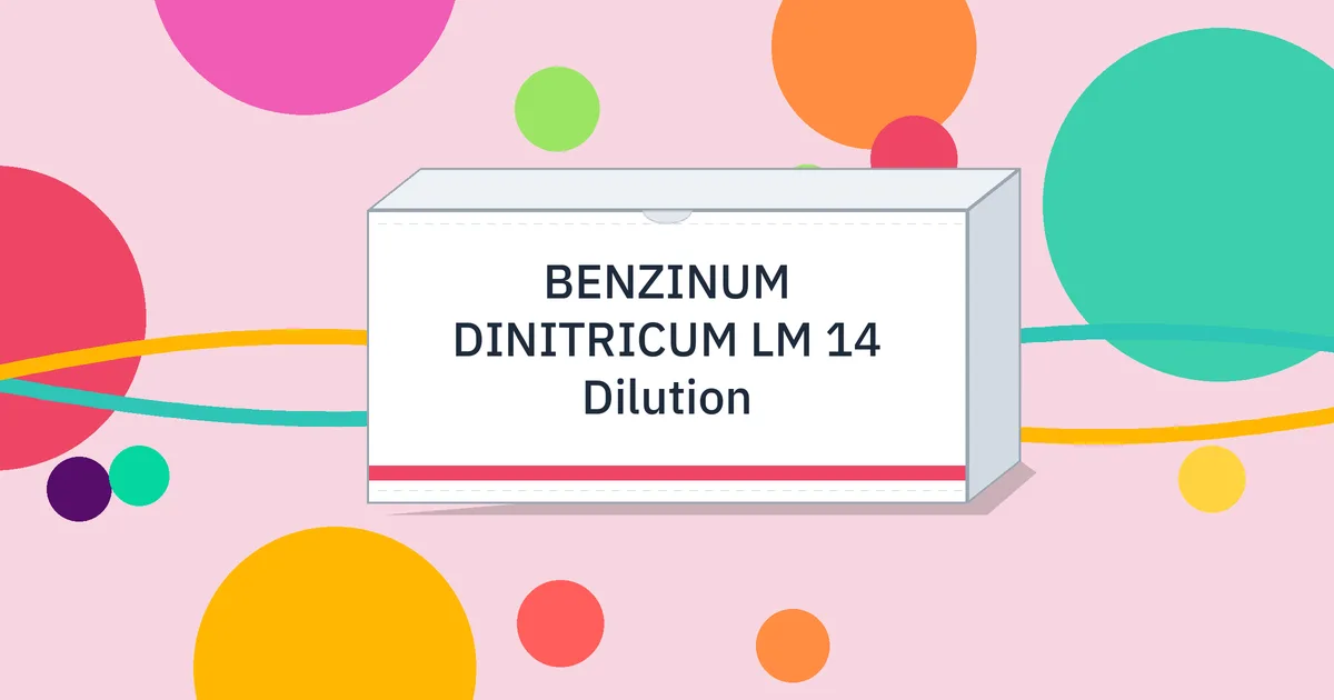 Symbolbild: Packung mit der Aufschrift BENZINUM DINITRICUM LM 14 Dilution (PZN 13382256) – Verfügbarkeit und Bezug in Apotheken in Frankfurt am Main