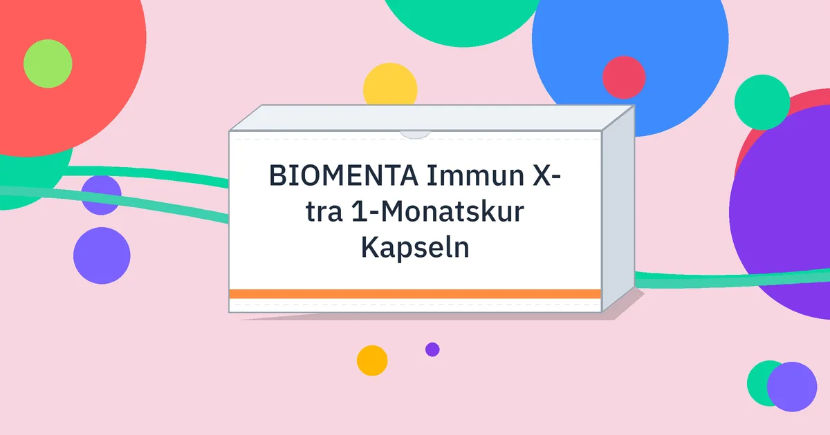 Symbolbild: Packung mit der Aufschrift BIOMENTA Immun X-tra 1-Monatskur Kapseln (PZN 11868061) – Verfügbarkeit und Bezug in Apotheken in Frankfurt am Main