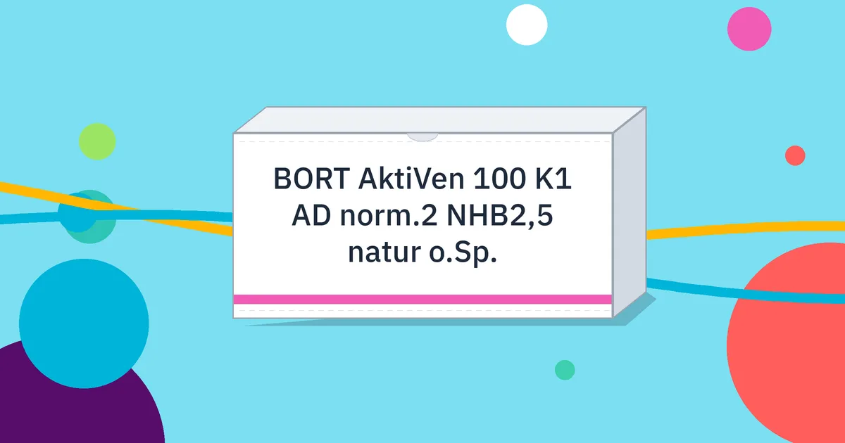 Symbolbild: Packung mit der Aufschrift BORT AktiVen 100 K1 AD norm.2 NHB2,5 natur o.Sp. (PZN 17498228) – Verfügbarkeit und Bezug in Apotheken in Frankfurt am Main