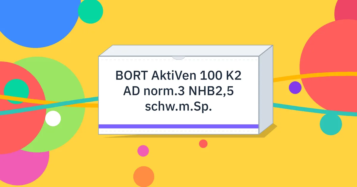 Symbolbild: Packung mit der Aufschrift BORT AktiVen 100 K2 AD norm.3 NHB2,5 schw.m.Sp. (PZN 17501806) – Verfügbarkeit und Bezug in Apotheken in Frankfurt am Main