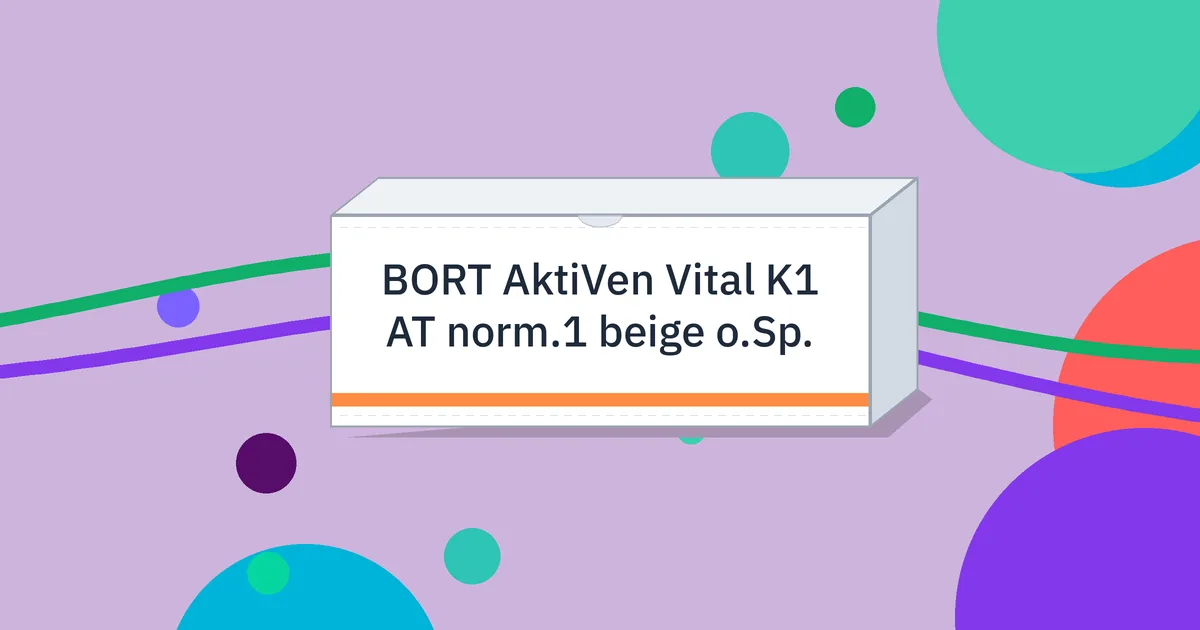 Symbolbild: Packung mit der Aufschrift BORT AktiVen Vital K1 AT norm.1 beige o.Sp. (PZN 13738262) – Verfügbarkeit und Bezug in Apotheken in Frankfurt am Main